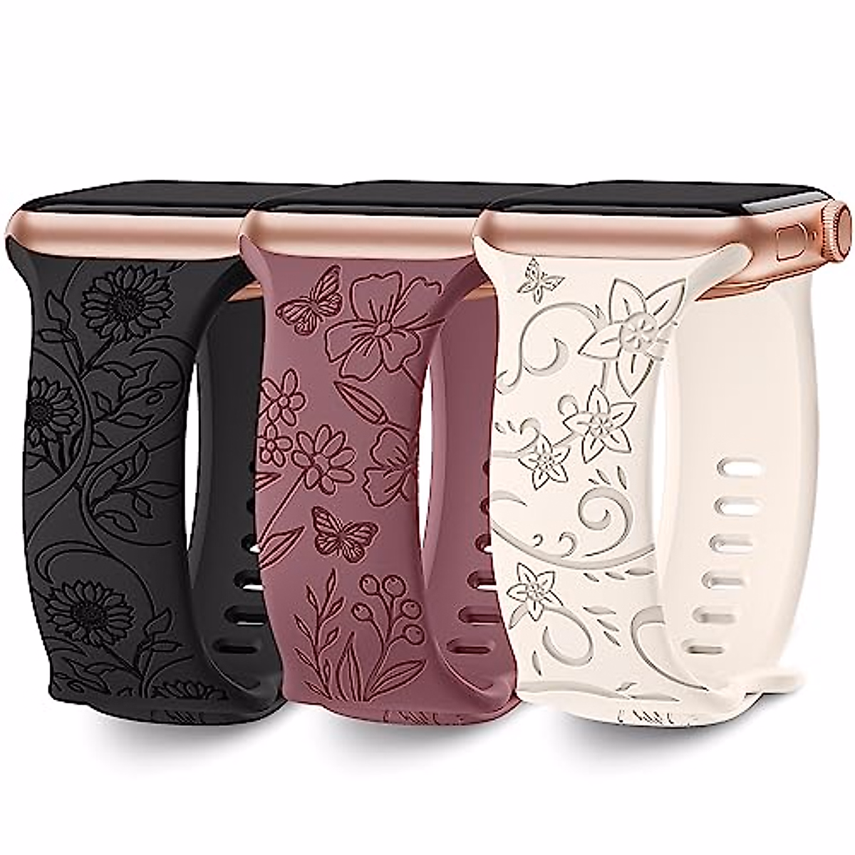 3 Pack Floral Engraved Bands Compatible with Apple Watch Band 40mm 41mm 38mm 42mm 44mm 45mm 49mm Women,Soft Silicone Cute Wildflowers Sport Laser Strap for iWatch Bands Series Ultra SE 8 6 5 4 3 2 1