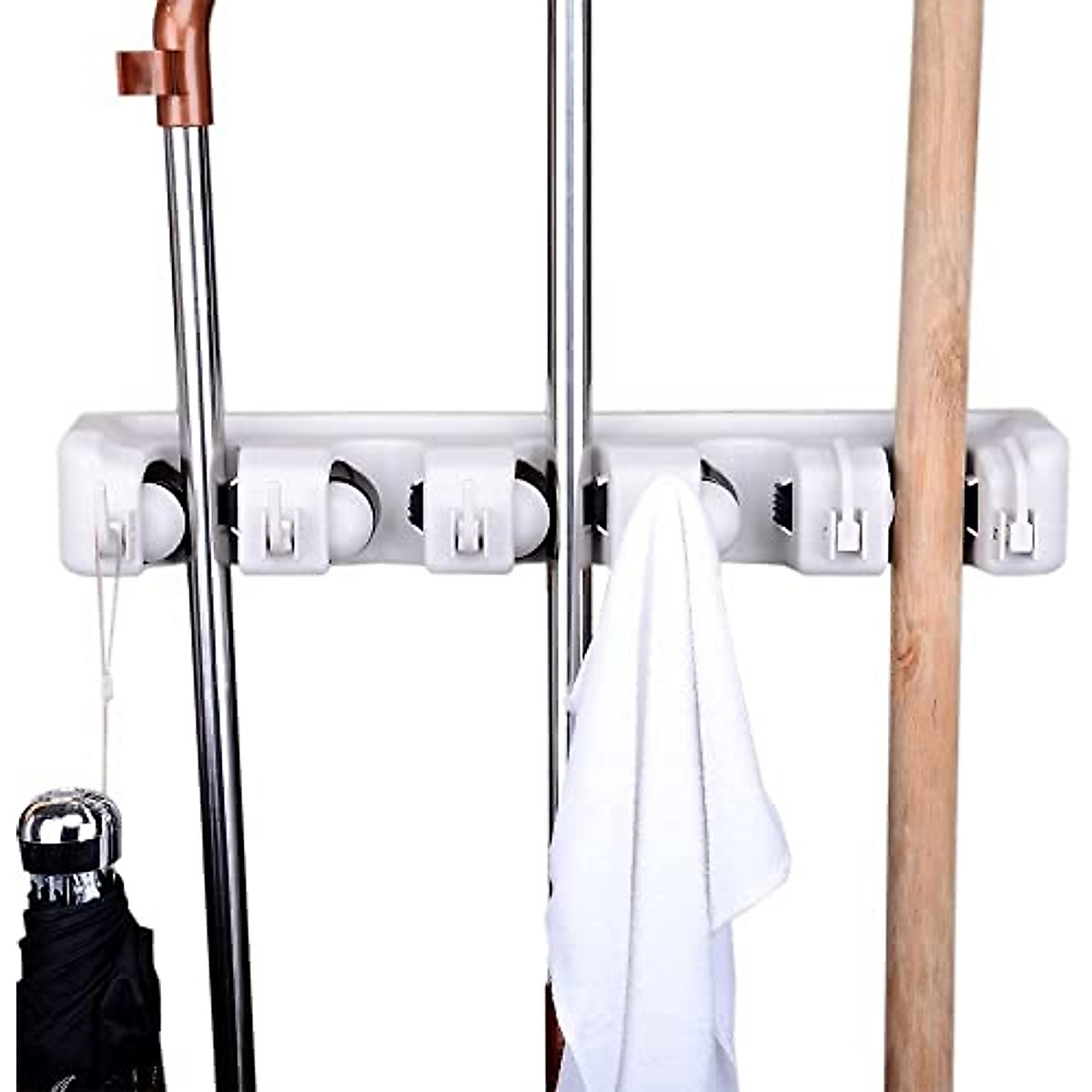 JOEY'Z Mop and Broom Holder Hanging Wall Mounted Rack Organizer, 5 Slots and 6 Hooks