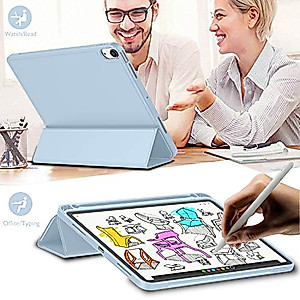 iMieet New iPad Air 5th Generation Case 2022/iPad Air 4th Generation Case 2020 10.9 Inch with Pencil Holder [Support Touch ID and iPad 2nd Pencil Charging], Trifold Stand Smart Case (Sky Blue)