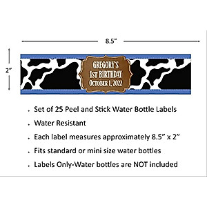 Cowhide Personalized Water Bottle Labels, Birthday Party Favors, Pack of 25, Waterproof, Peel and Stick Wrappers (Black)