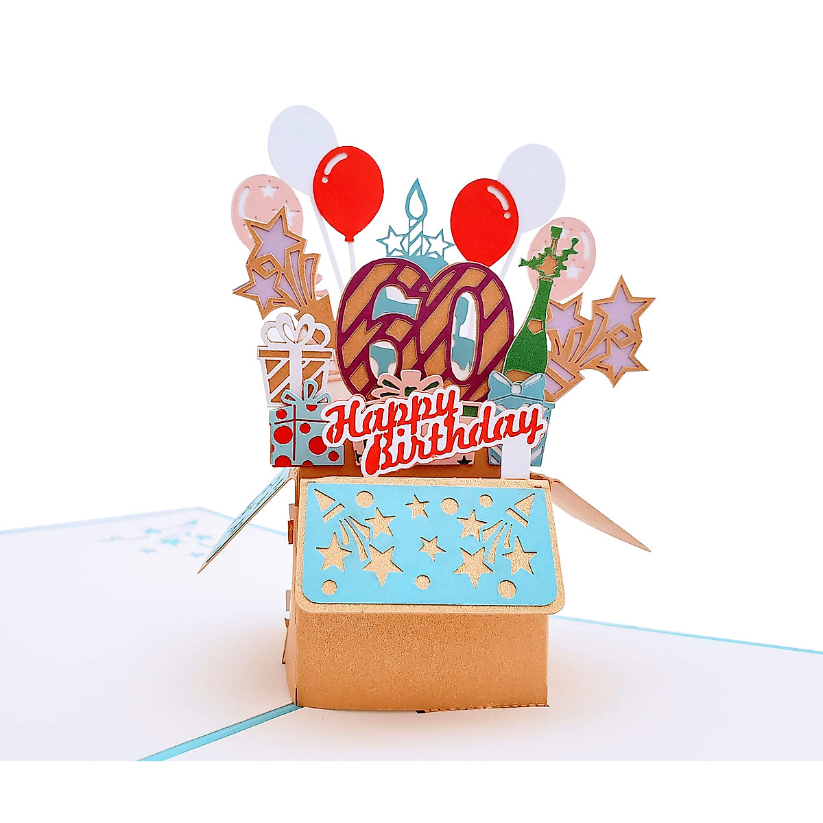 iGifts And Cards Happy 60th Blue Birthday Party Box 3D Pop Up Greeting Card – Sixty, Awesome, Balloons, Presents, Unique, Celebration, Feliz Cumpleaños, Fun