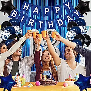 Navy Blue 18th Birthday Decorations for Boys Girls - Navy Blue and Black Silver Birthday Party Supplies Include Blue Happy Birthday Banner, Sash, Balloons and Background Curtain for 18th Birthday Party decorations (18th)