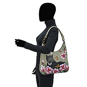 Anna by Anuschka womens Anna Anuschka Women s Genuine Leather Large Classic Hobo Hand Painted Original Artwork Exterior, Garden Panther, One Size US
