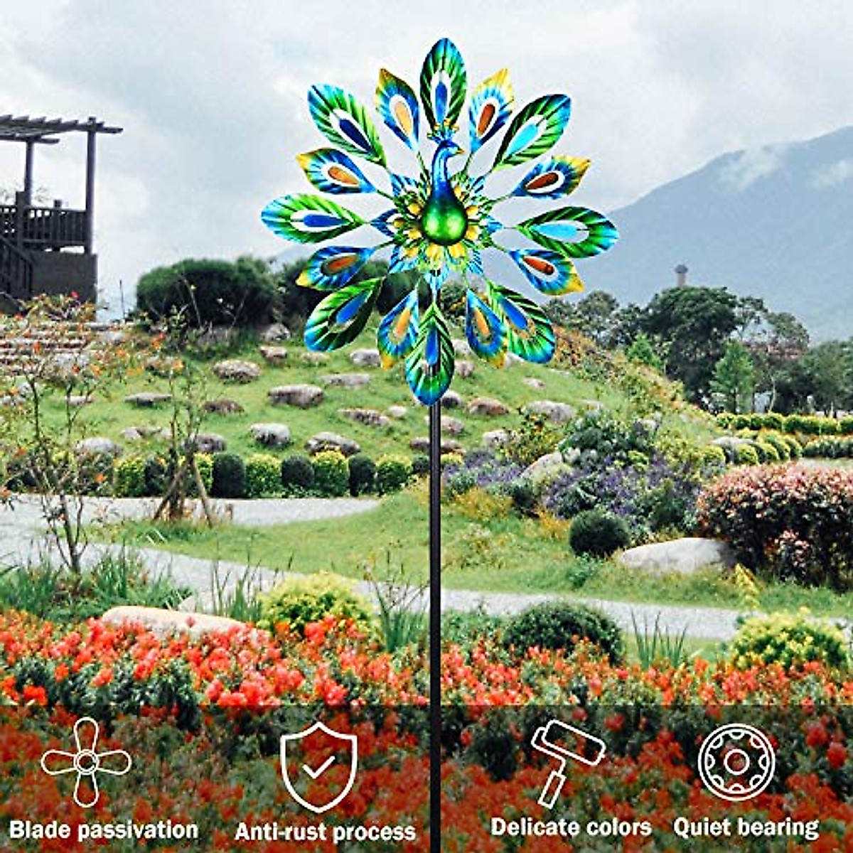 MUMTOP Wind Spinner 51" Peacock Double Wind Sculpture is Suitable for Decorating Your Patio, Lawn & Garden