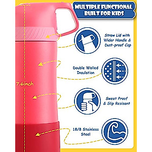 EIJIAN Kids Insulated Water Bottle With Straw Lid 14oz, Leak-Proof BPA-FREE Metal Drink Flask, Double Wall Vacuum Stainless Steel Cup For Toddlers, Girls, Boys - Suitable For School, Outdoor, Travel
