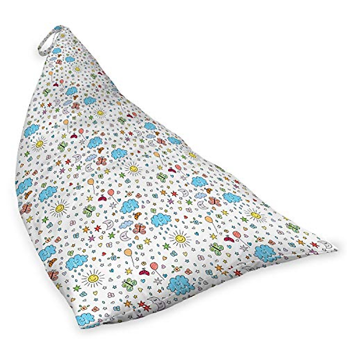 Lunarable Retro Lounger Chair Bag, Smiling Sun Moon Stars Clouds Flowers Butterflies Ladybugs Heart Shapes Art, High Capacity Storage with Handle Container, Lounger Size, Yellow Blue