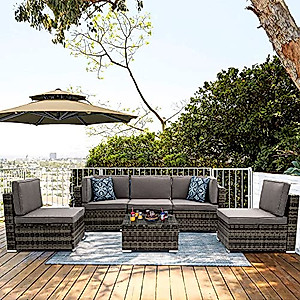 YITAHOME 6 Piece Outdoor Patio Furniture Sets, Garden Conversation Wicker Sofa Set, and Patio Sectional Furniture Sofa Set with Coffee Table and Cushion for Lawn, Backyard, and Poolside, Gray Gradient