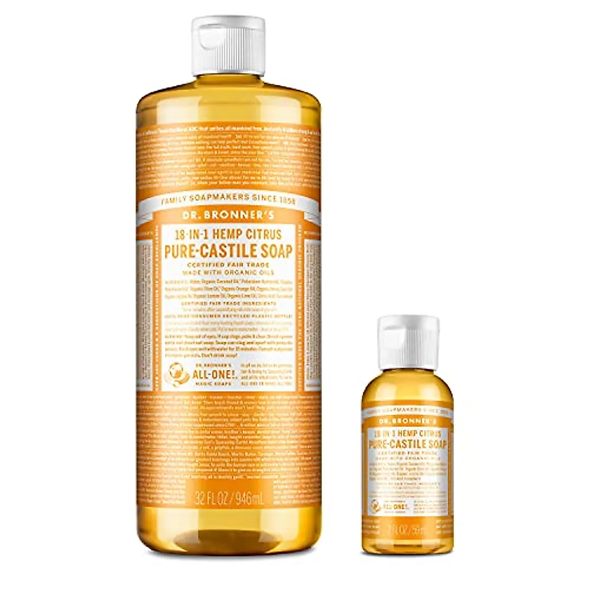 Dr. Bronner's Pure-Castile Liquid Soap – Citrus Bundle. 32 oz. Bottle and 2 oz. Travel Bottle