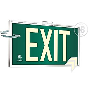 Photoluminescent Exit Sign Green Framed Flag/Ceiling Mount Double Sided. UL 924 Code Approved.