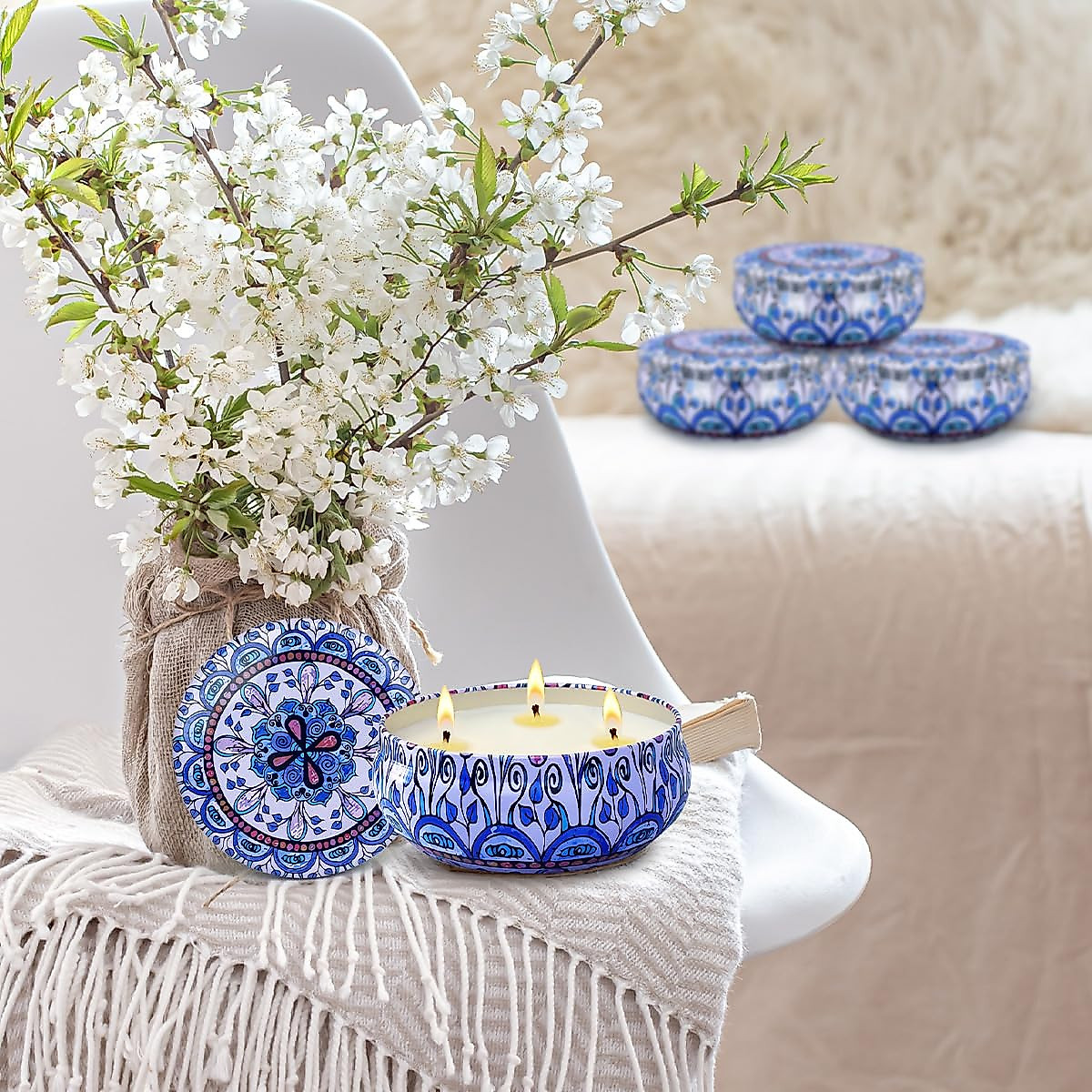 Indoor Citronella Candle, 4 x 14 oz 3 Wick, Outdoor Portable Travel Jar Candle, Powerful Lemongrass Essential Oil Soy Wax for Garden, Patio, Deck, Camping, Porch