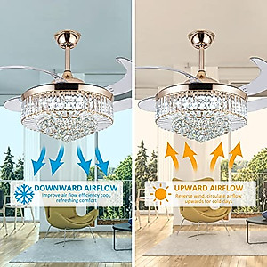 42''Reversible Chandelier Crystal Ceiling Fan with Lights, Stepless Dimming Modern Ceiling Fan Remote Control Retractable Invisible Blades, 6 Speeds Indoor Fandelier Kits for Living Room Bedroom