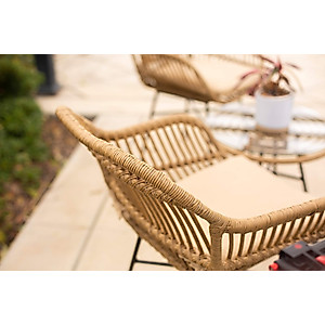 Barton 3pcs Outdoor Bistro Chat Set Patio Conversation Wicker Chairs Glass Table with Seat Cushions, Beige