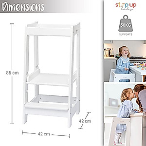 Stepup Baby Toddler Tower Step High Chair | Montessori Inspired | Kitchen Wooden Step Stool for Preschool Kids | Adjustable for 18 Month - 5 Years | Includes Safety Rail (White)