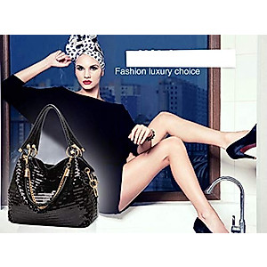 Yan Show Women Patent Leather Chain Handbags Shoulder Bags for Ladies Sequin Purse Black Large