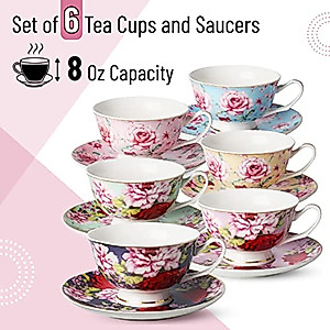 BTaT- Tea Cups, Tea Cups and Saucers Set of 6, Tea Set, Floral Tea Cups (8oz), Tea Cups and Saucers Set, Tea Set, Porcelain Tea Cups, Tea Cups for Tea Party, Rose Teacups, China Tea Cups (Bone China)
