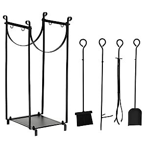 Outsunny Firewood Rack with Fireplace Tools, Indoor Outdoor Firewood Holder, 30.25" Tall Build with 2-Tiers for Fireplace, Wood Stove, Hearth or Fire Pit, Includes Poker, Tongs, Broom, Shovel, Black