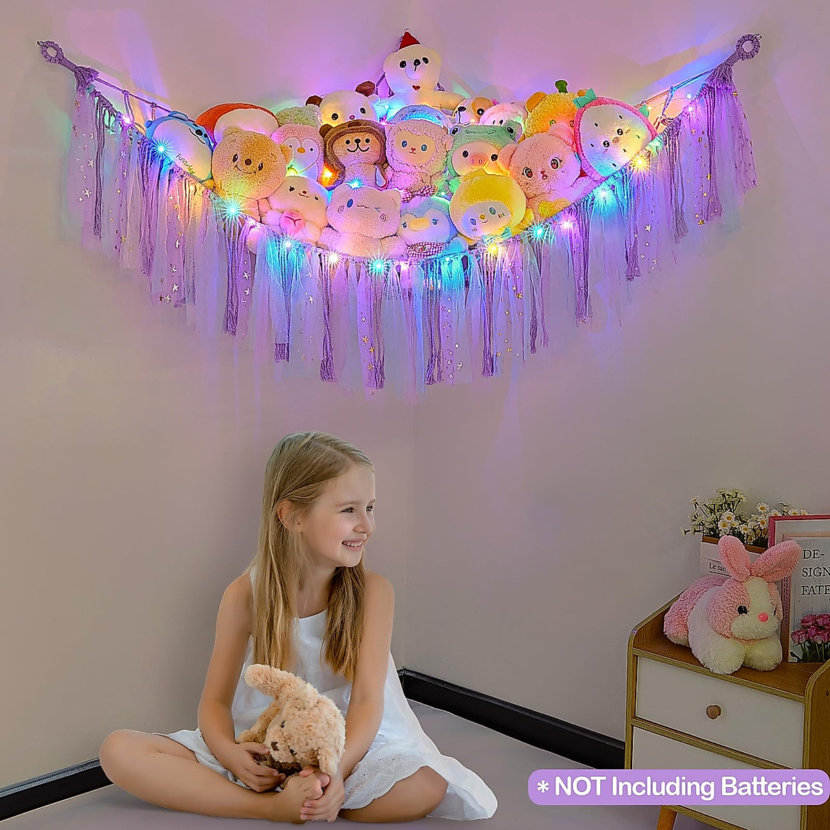 FIOBEE Stuffed Animals Net or Hammock with LED Light, Toy Hammock Hanging Stuffed Animals Storage Organizer Holder Room Décor for Nursery Kids Bedroom