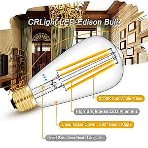 CRLight 8W Dimmable LED Edison Bulb 80W Equivalent 800LM, 3200K Soft White E26 Vintage Clear ST64 Lengthened Filament LED Bulbs, Smooth Dimming Version, 6 Pack