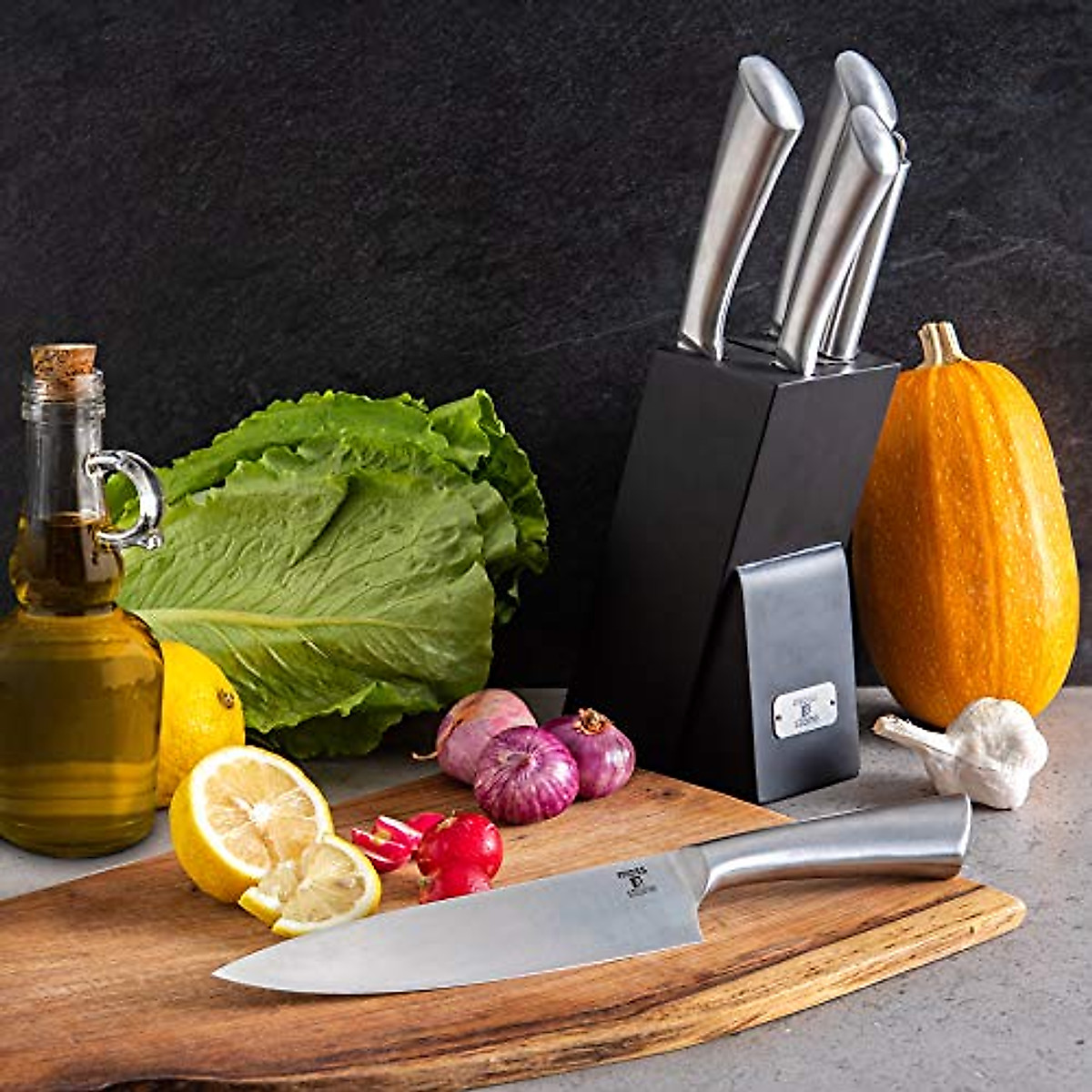 Professional Kitchen Knife Chef Set, Knife Set With Block, Kitchen Knife Set Stainless Steel Scratch Resistant And Rust Proof, Black Knife Block By Moss & Stone. (6 piece)