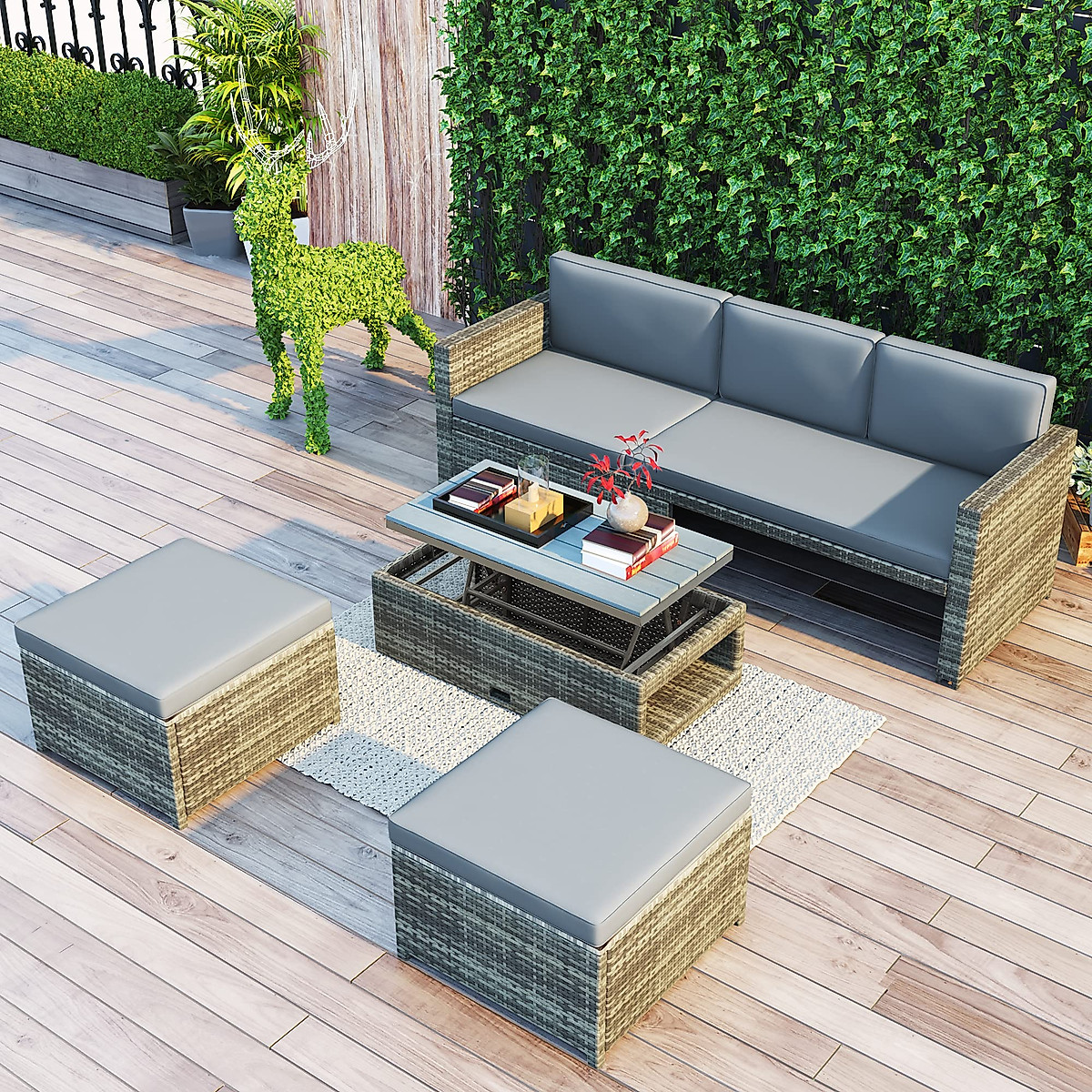 Brabrety 4 Pieces Outdoor Patio Furniture Sets,All-Weather PE Wicker Sectional Sofa Set with Retractable Table,Conversation Set for Backyard, Free Combination