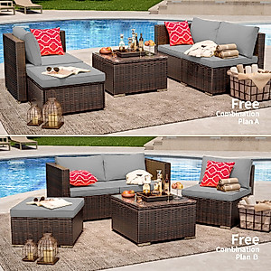 5 Pieces Outdoor Patio Furniture Set, PE Wicker Rattan Outdoor Sectional Patio Set with Cushion and Glass Table, Patio Sofa for Outdoor Patio, Porch, Backyard, Balcony, Poolside, Garden, Grey