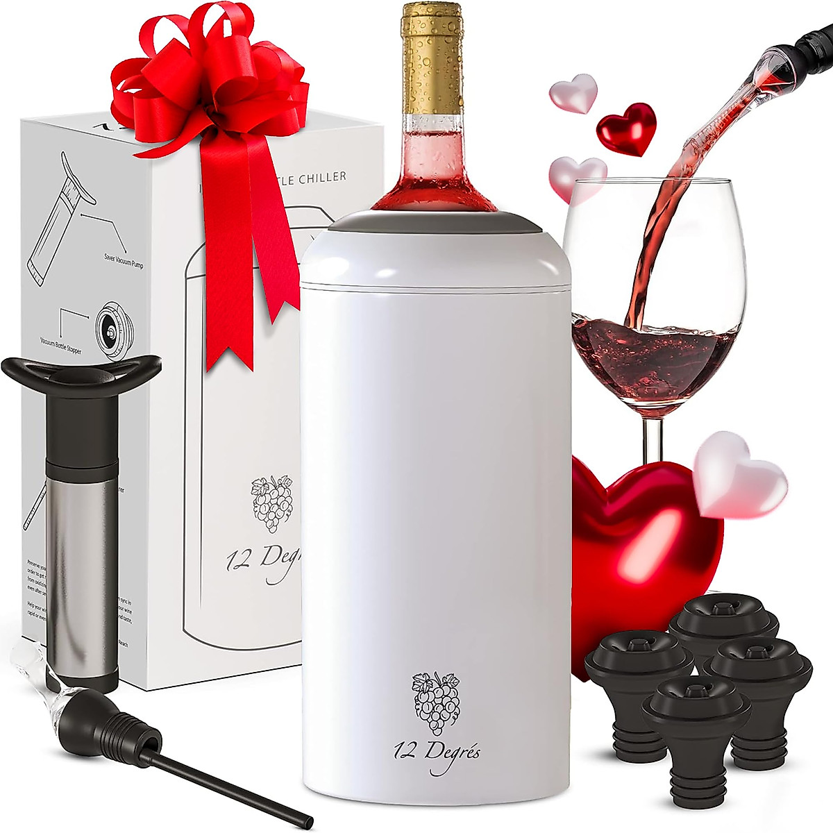 12 Degrés Wine Chiller Set - Perfect Wine Gifts for Women & Men - Stainless Steel Insulated Wine Cooler with Wine Pump, Aerator & 4 Stoppers (White Matte)