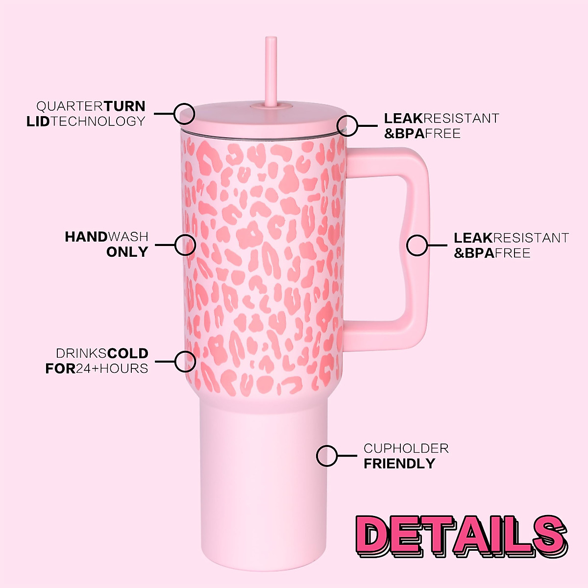 ZHIDENGWJ Stainless Steel Vacuum Insulated Tumbler with Lid and Straw for Water, Iced Tea or Coffee(Light Pink Leopard Print)