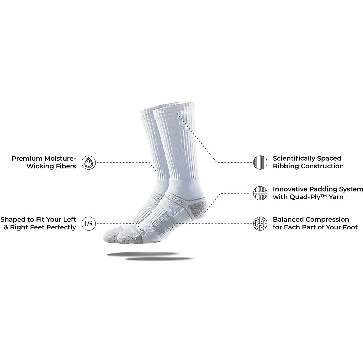 Strideline Basic Crew Socks | Quad-Ply Yarn Padding, Direct Compression and Zoned Cushioning, 3 Pack (White, Medium-Large)