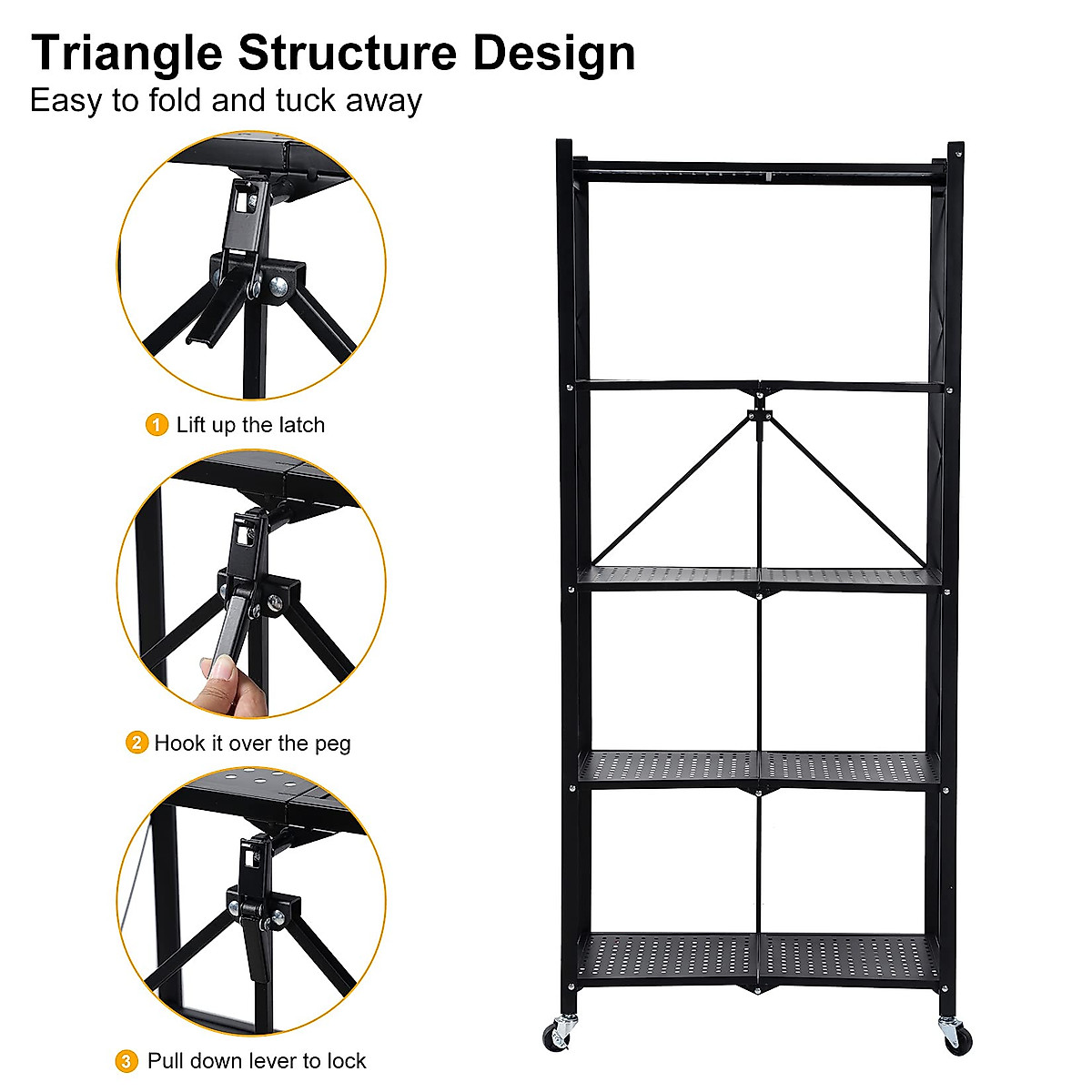 Simple Deluxe HealSmart 5-Tier Heavy Duty Foldable Metal Rack Storage Shelving Unit with Wheels Moving Easily Organizer Shelves Great for Garage Kitchen Holds up to 1250 lbs Capacity, Black,2 Pack