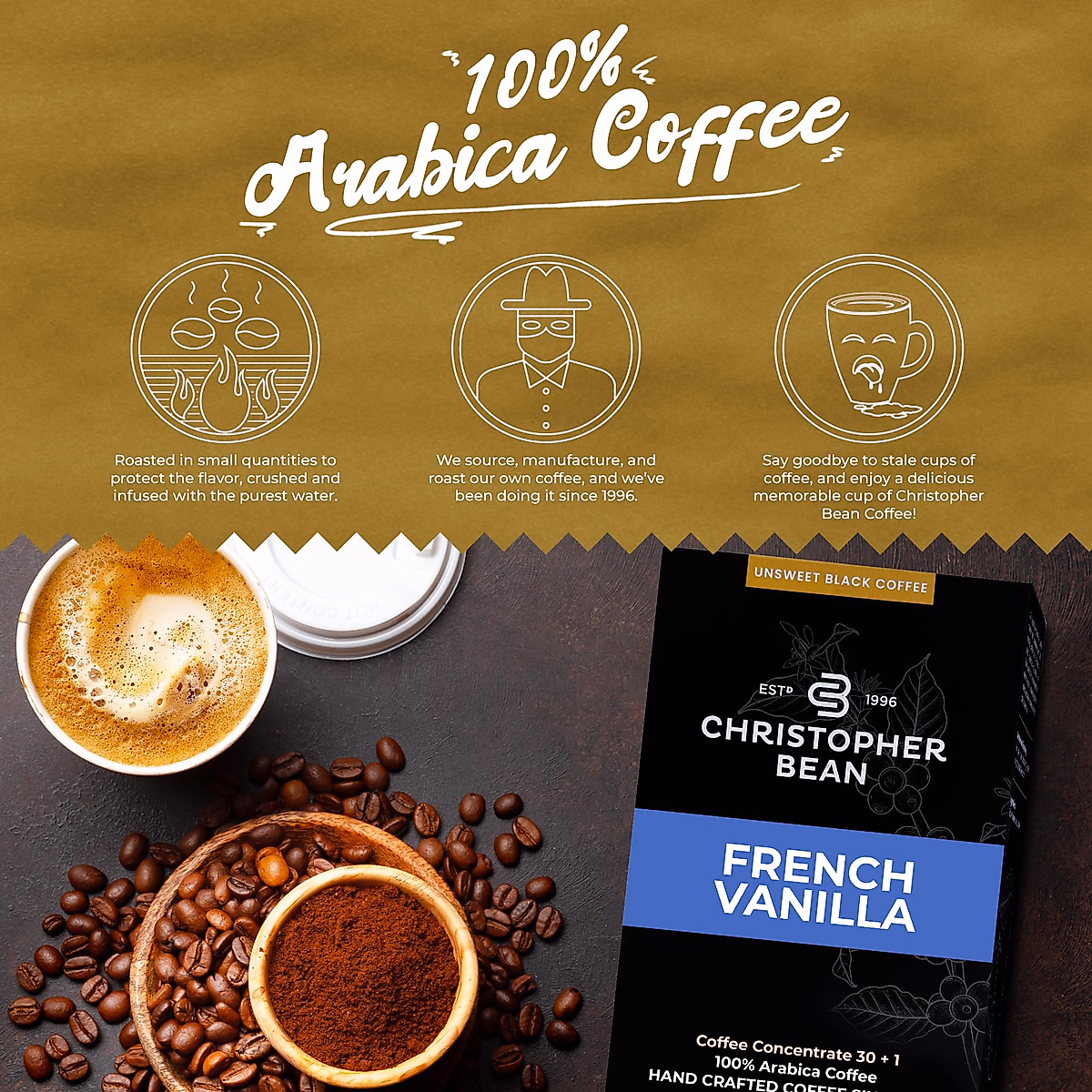 Christopher Bean Coffee - 396 servings, 30 to 1 Blend Bag in Box Liquid Instant Coffee or Cold Brew Coffee Concentrate - Hot or Iced Coffee - French Vanilla