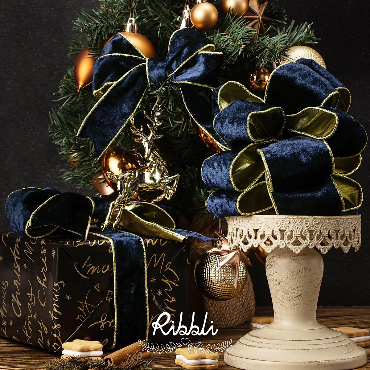 Ribbli Navy Velvet Wired Ribbon 1.5 Inch Metallic Navy Blue Gold Crushed Velvet Christmas Ribbon for Gift Wrapping Christmas Tree Decoration Crafts Wreaths Supplies-Continuous 10 Yards