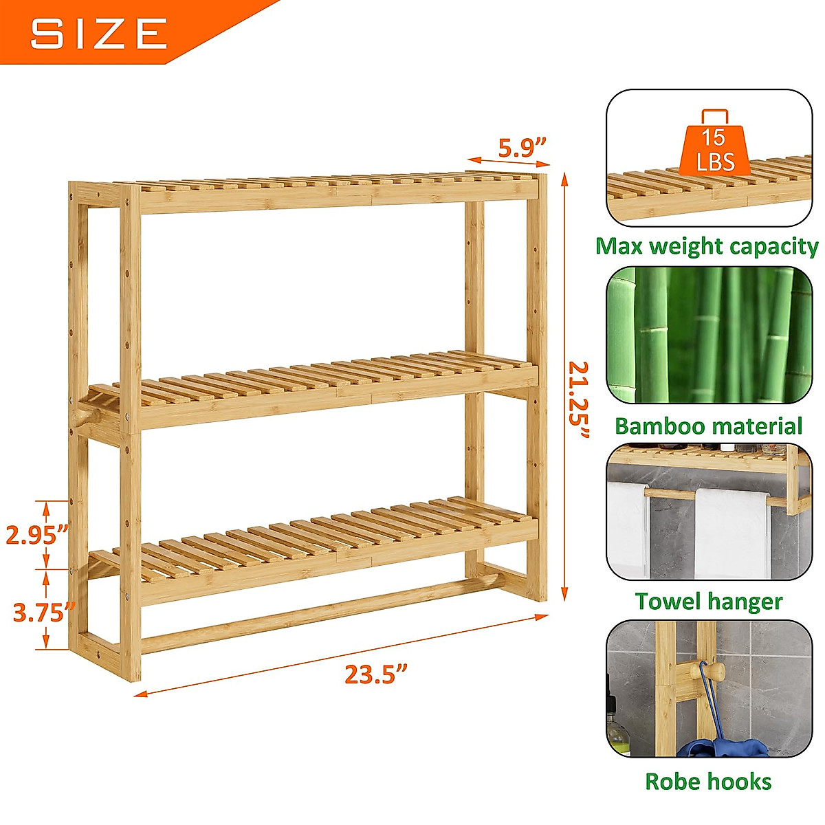 Bathroom Shelf Storage Organizer,5.9''D*23.6''W*21.2''H,Floating Wall Mount 3-Tier Adjustable Layer Bamboo Kitchen Organizer with Bar, Standing Shelf Units, Towel Rack Hanging Rod for Bathroom(Beige)