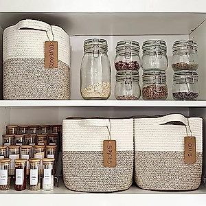 Goodpick Woven Storage Basket for Shelves, Cotton Rope Dog Toy Bin, Empty Gift Basket with Handles, Square Baskets for Storage Shelves, Brown and White Storage Bin, 13.5 x 11 x 9.5 Inches