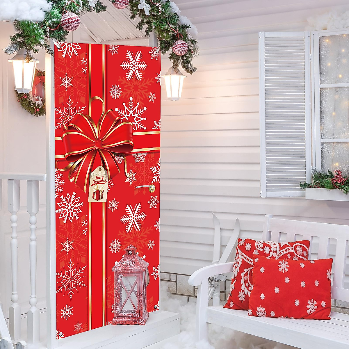 Christmas Door banner Christmas Snowflake Photography Backdrop Christmas Bowknot Gift Box Door Hanging Banner Sign Merry Christmas Decoration for Home Wall Outdoor Indoor Party Holiday Xmas Eve…