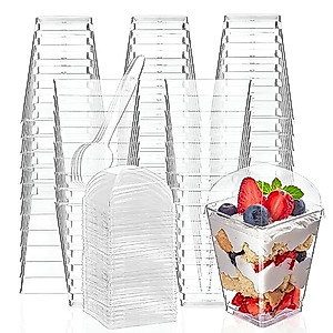 Zezzxu 100 Pack 5 oz Dessert Cups with Dome Lids and Spoons Mini Parfait Cups Clear Plastic Tasting Appetizer Bowls for Fruit Ice Cream Pudding Mousse