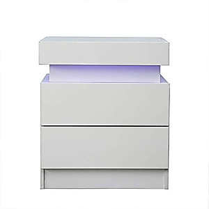 Modern LED End Table & Nightstand for Bedroom - Night Table with Built in Multi-Colour LED High Gloss Backlight - Bedside Cabinet with 2 Drawers for Living Room- Particle Board (White)