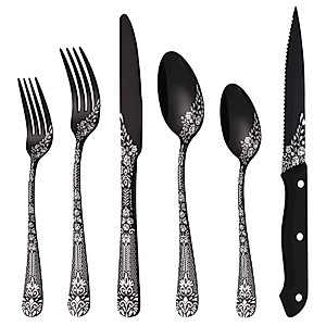 EUIRIO 72-Piece Black Silverware Set with Steak Knives,Black Flatware Set for 12,Stainless Steel Tableware Cutlery Set,Kitchen Utensils Spoon and Fork Set with Floral Laser,Dishwasher Safe