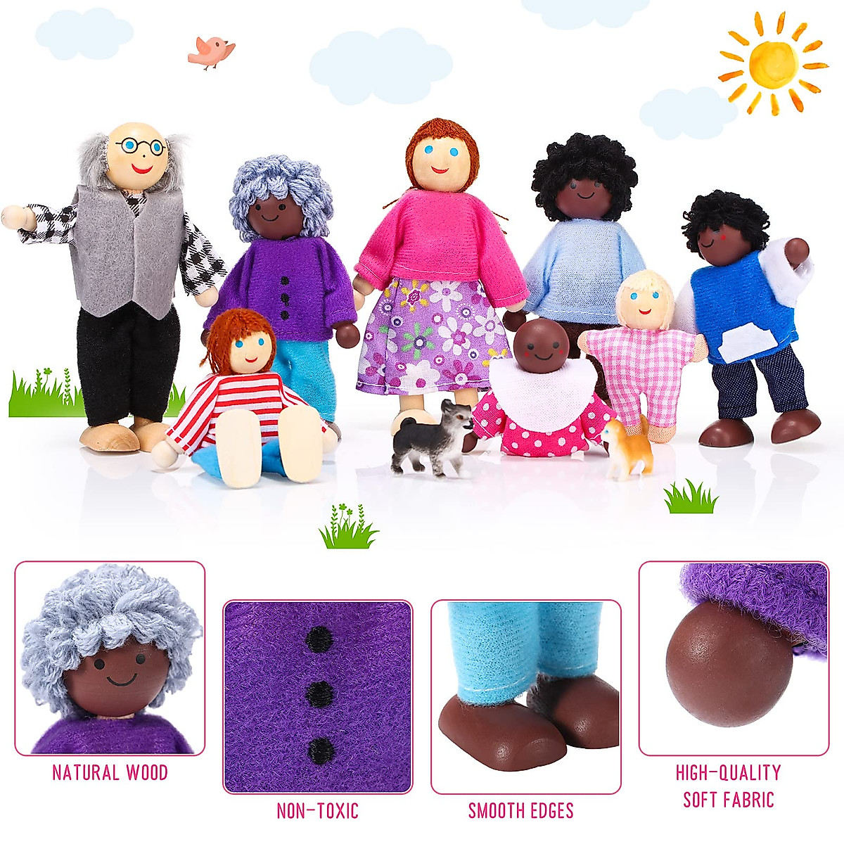 Skylety 20 Pcs Wooden Dollhouse Family Set of 16 Mini People Figures and 4 Pets, Wooden Dollhouse Dolls Family Cosplay Figures Accessories for Pretend Toy(Cute Style)