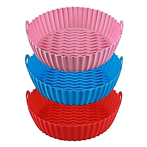 KLRSEN 3 Pcs Easy to Clean Air Fryer Silicone Liners Fit 3 To 5 Qt Airfryer,7.5 Inch Reusable Silicone Air Fryer Liners, Heat Resistant Air Fryer Liners (Red+Pink+Blue)