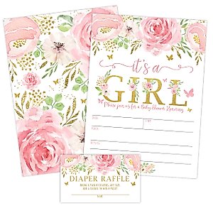 Your Main Event Prints It's a Girl Floral Butterfly Baby Shower Invitation, Pink and Gold Flowers Sprinkle Invites with Diaper Raffle Ticket Cards
