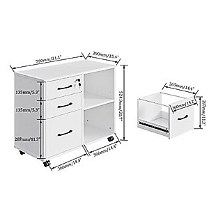 3 Drawer Office File Cabinets, Mobile Lateral Printer Stand with Open Storage Shelf, Rolling Filing Cabinet with Wheels Home Office Organization and Storage (White)