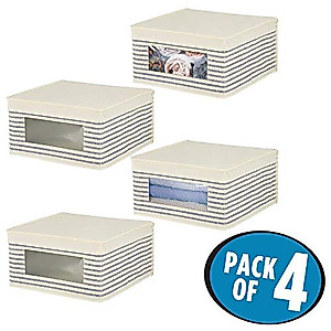 mDesign Medium Fabric Stackable Closet Storage Organizer Box, Front Window/Lid for Bedroom, Office, Mudroom Organization, Hold Clothes, Blankets, Linens, Lido Collection, 4 Pack, Natural/Blue Stripe