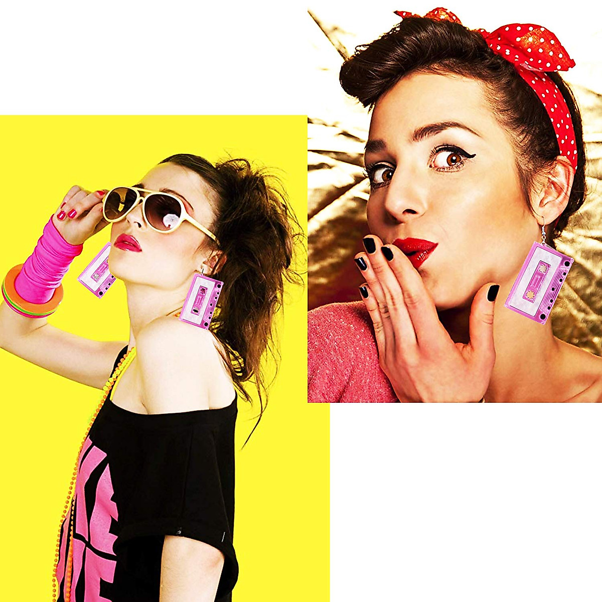 DFYOUHOME® 1980s Fashion Acrylic Earrings for 80’s Party Women Punk Retro Cassette Crush Colorful Drop Dangle Party Night Club Pretty (Pink)