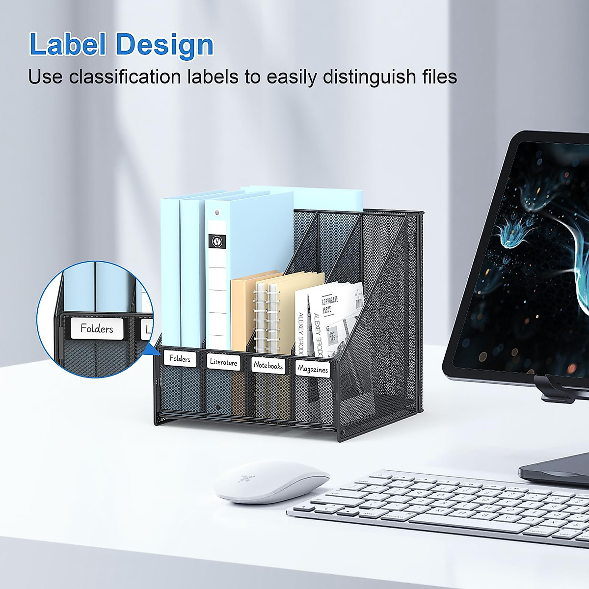 OUTWOLF Magazine File Holder with 4 Vertical File Sorters, Desk File Organizer Book Binder Holder Rack, Black