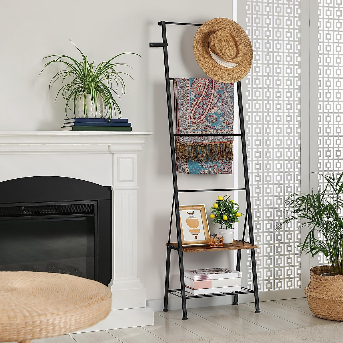 Blanket Ladder Farmhouse Blanket Holder Rack with Storage Shelf, Decorative Ladder Shelf with Hooks, Towel Holder Rack for Bathroom Living Room Home Decor, Rustic Brown