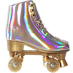 JajaHoho Roller Skates for Women, Holographic High Top PU Leather Rollerskates, Shiny Double-Row Four Wheels Quad Skates for Girls and Age 8-50 Indoor Outdoor (Size 5, Champagne Gold)