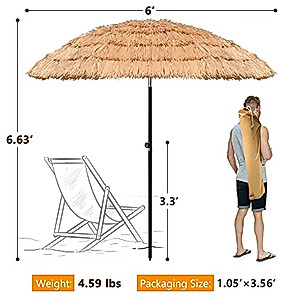 Funsite 6ft Tiki Umbrellas for Outside, UV Protect Thatch Umbrella with Tilt Design, Thatch Patio Umbrella for Outdoor Tiki Bar, Tropical Palapa Tiki Hut Hawaiian Hula Beach Umbrella