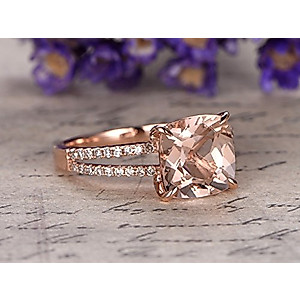 Pink Morganite Engagement Ring,8mm Cushion Cut Stone,Solid 14K Rose Gold,Split Shank Band