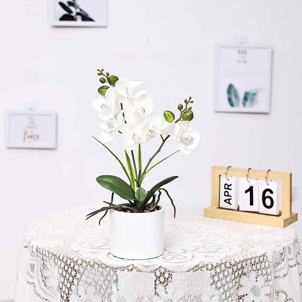 Jusdreen 1 Pcs Ceramic Vase Artificial Orchid Flower Bonsai Vivid Phalaenopsis Flowers Potting for Home Office Décor,Table Centerpiece Room Decorations 14.5 INCH (Ceramic Pot/White Orchid)
