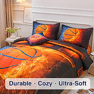 A Nice Night Basketball Print,with Fire and Ice Pattern,Comforter Quilt Set 6PCS Bedding Sets, for Boys Kids Teen (Basketball, Twin)